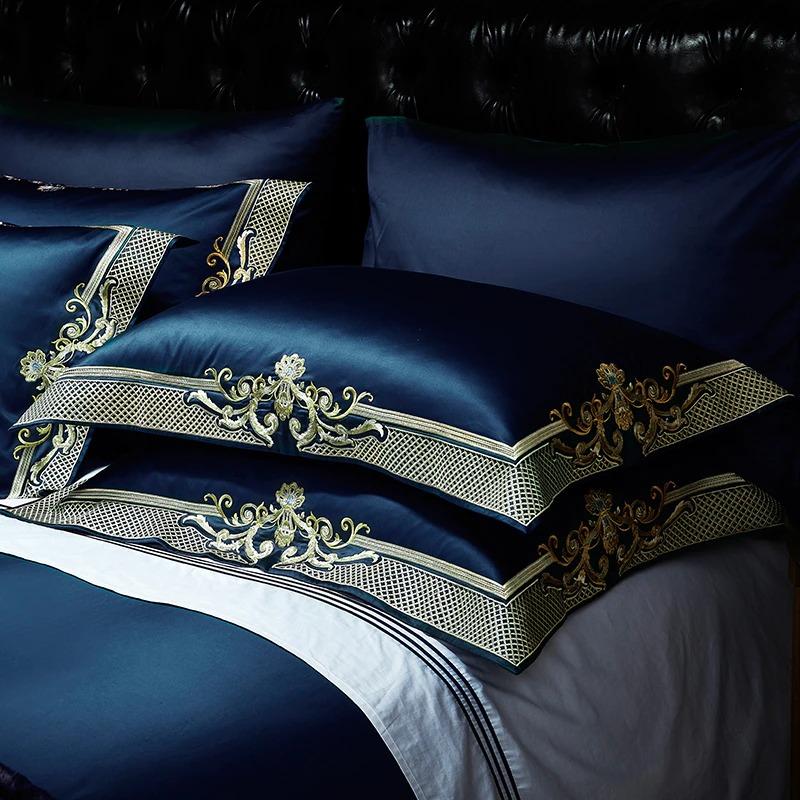 Midnight Blue Golden Jacquard Duvet Cover Set Luxury Designer Bedding ...